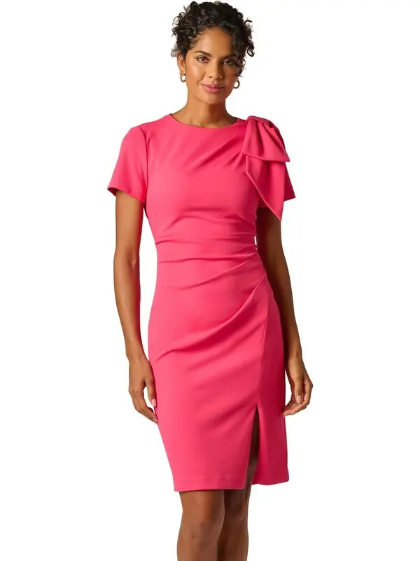 Adrianna Papell Short Sleeve Bow Shoulder Sheath Dress - Camellia