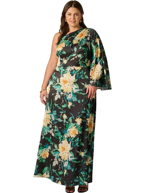 Adrianna Papell One Shoulder Floral Satin Gown - Black Multi