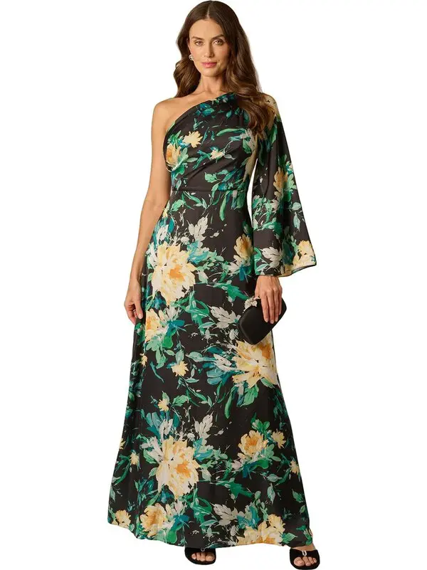 Adrianna Papell One-shoulder Floral Satin Gown With Bell Sleeve - Black Multi