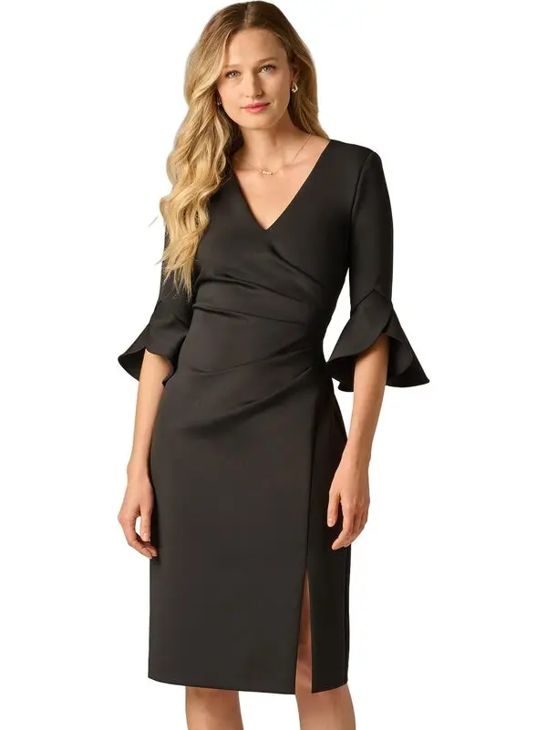 Adrianna Papell Three Quarter Sleeve Faux Wrap Midi Dress - Black