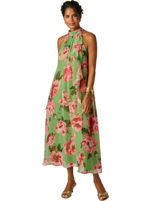 Adrianna Papell Draped Floral Chiffon Halter Gown - Lime Multi