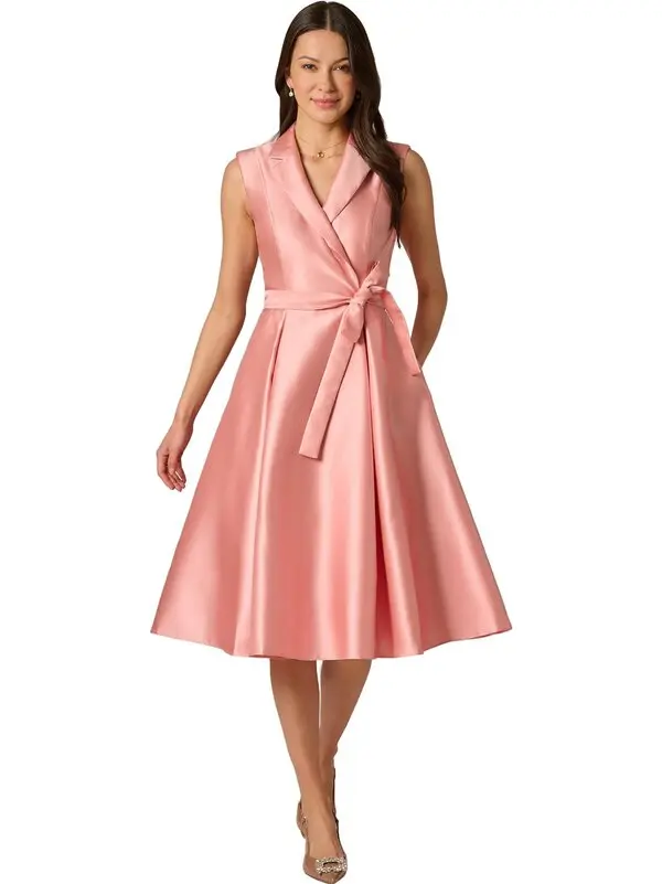 Adrianna Papell Mikado Lapel Belted Midi Dress - Apricot Ice