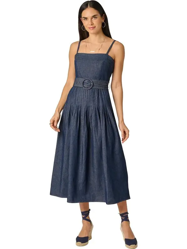 Adrianna Papell Cotton Denim Belted Midi Dress - Dark Denim