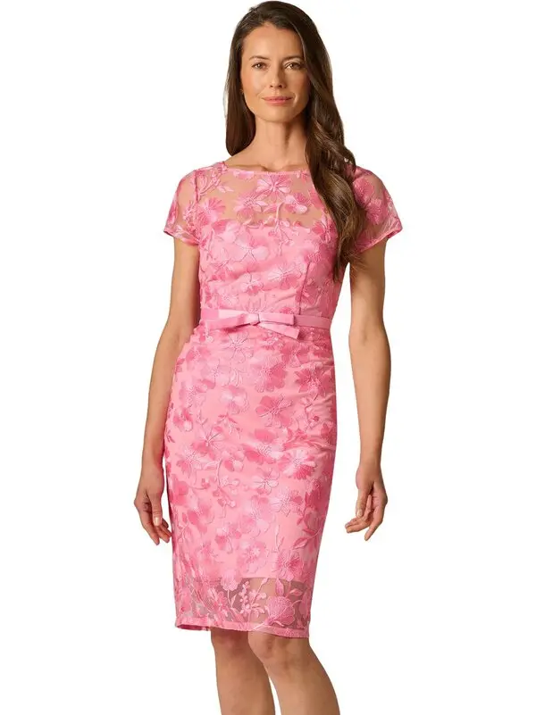 Adrianna Papell Short Sleeve Embroidered Illusion Sheath Dress - Cherry Blossom