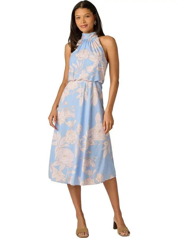Adrianna Papell Floral Chiffon Blouson Halter Midi Dress - Blue/ivory