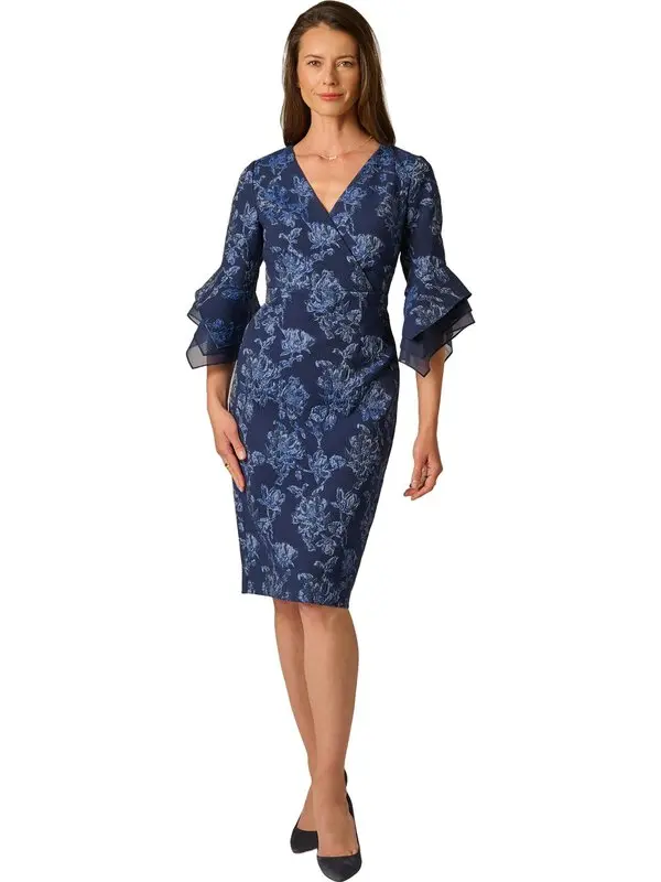 Adrianna Papell Floral Jacquard Bell Sleeve Sheath Dress - Navy Sateen