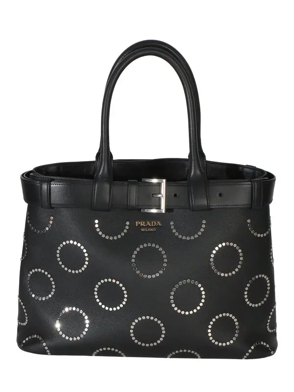 Prada Studded Buckle Leather Tote - Black