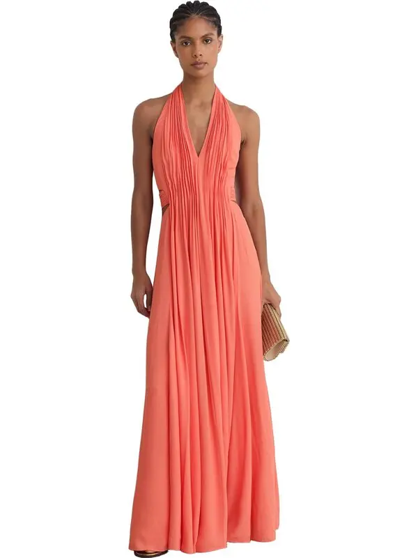 REISS Cara Halterneck Pleated Maxi Dress - Coral Pink