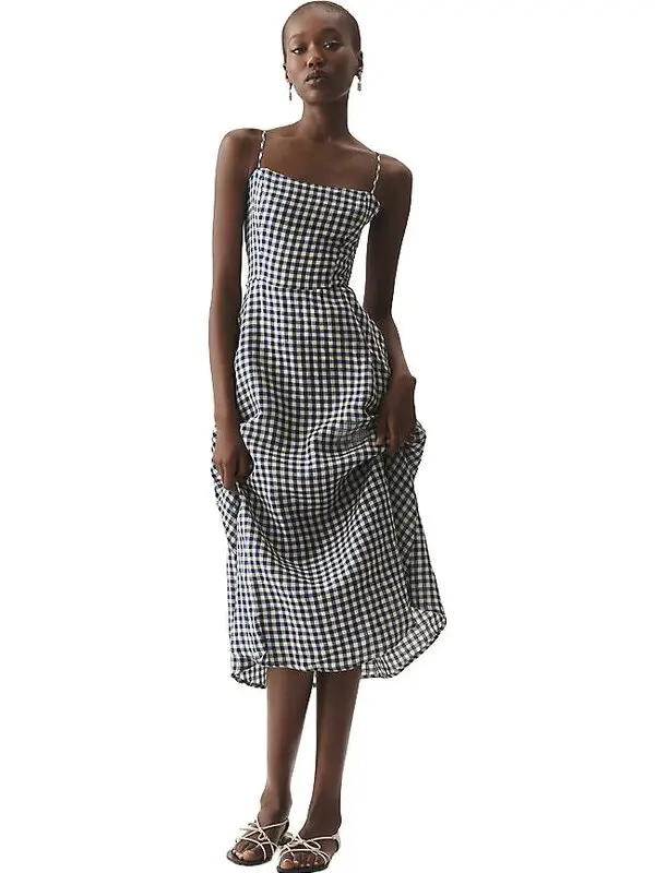 Anthropologie European Linen Strappy Midi Dress - Navy Gingham