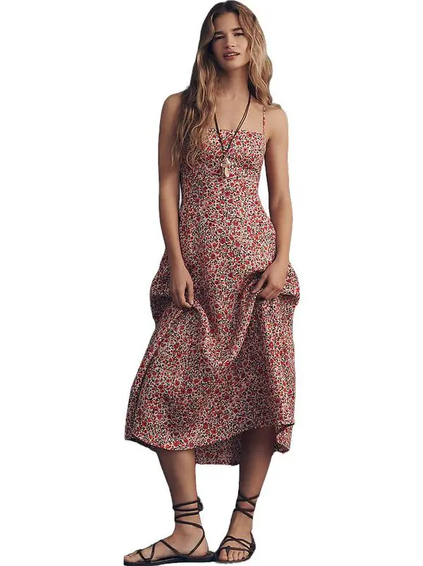 Anthropologie Linen Strappy Midi Dress - Pink Floral