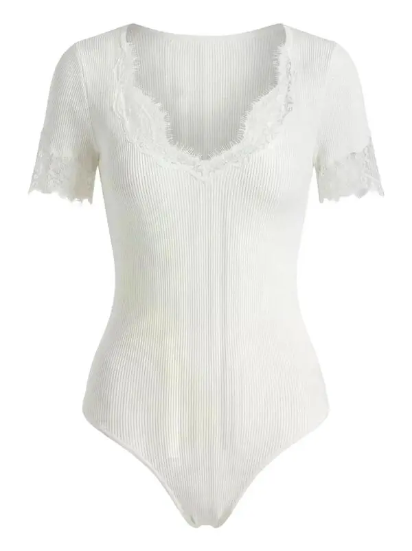 SELF-PORTRAIT Lace Trim Ribbed Bodysuit - White
