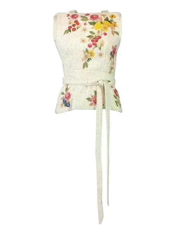 MARY KATRANTZOU Juda Floral-embroidered Top - Neutrals
