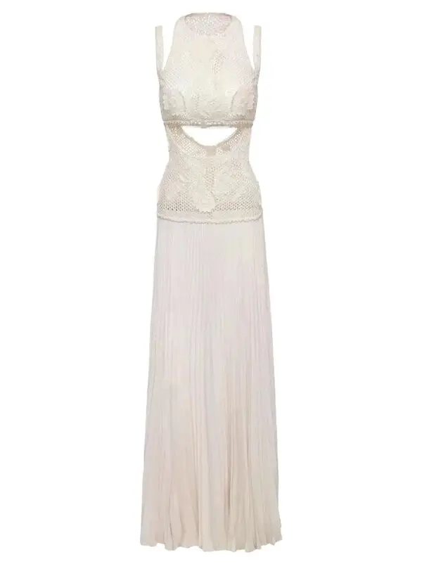 NISSA Crochet-panel Pleated Maxi Dress - Neutrals