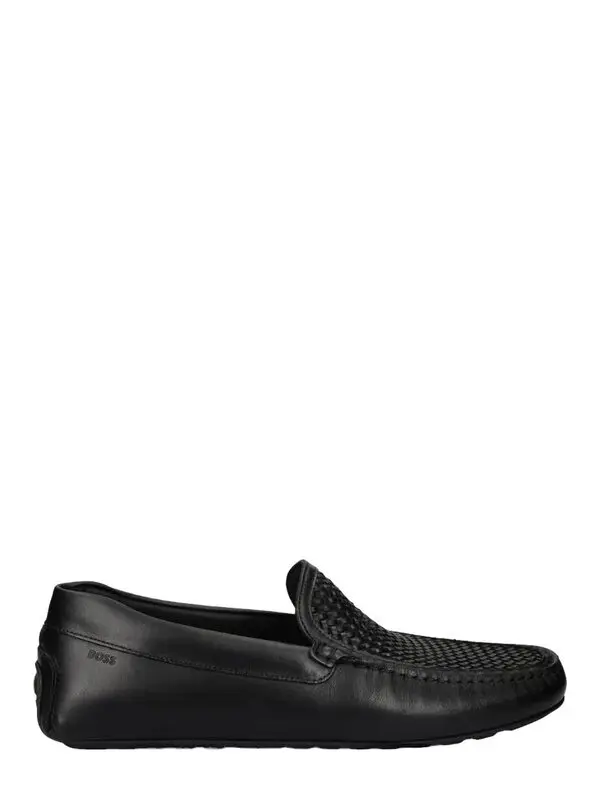BOSS Woven Panel Leather Loafers - Black