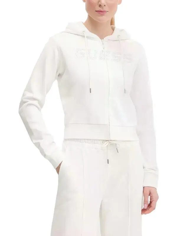Guess Rhinestone Logo Zip-up Hoodie - White