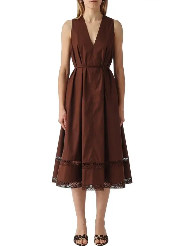 TWINSET Sleeveless V-neck Midi Dress With Lace Trim - Brown