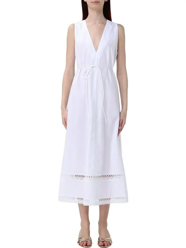 TWINSET Sleeveless V-neck Midi Dress With Lace Trim - White