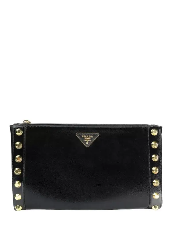 Prada Saffiano Vernice Studded Clutch - Black
