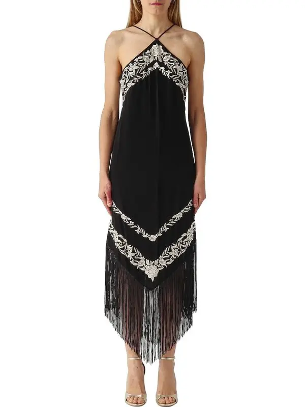 TWINSET Halter Neck Dress With Fringe And Embroidery - Black