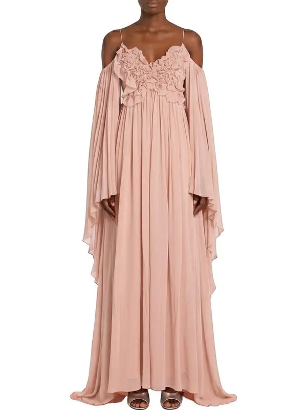 Blumarine Long Georgette Dress With Ruffles And Embroidered Details - Pink