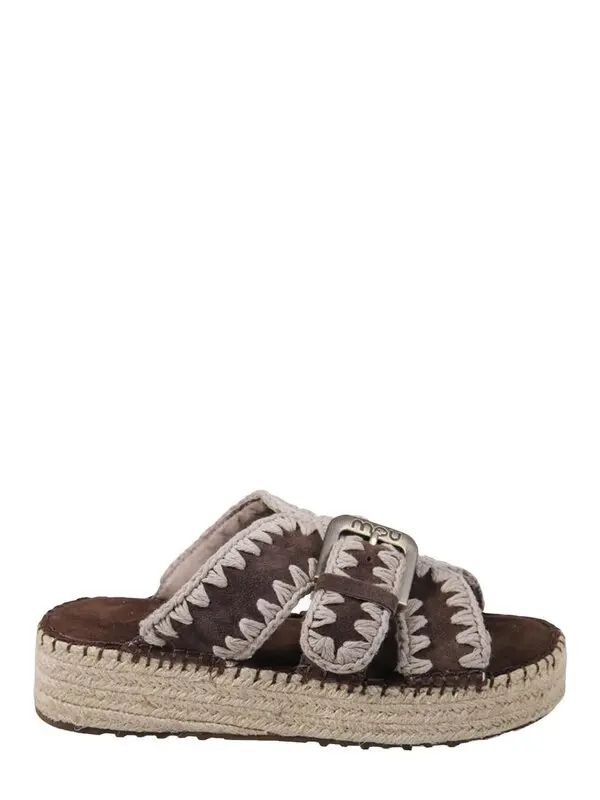Mou Suede Jute Wedge Sandals With Contrast Stitching - Brown