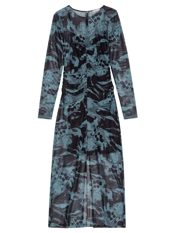 GANNI Printed Mesh O-neck Ruched Long Dress - Blue