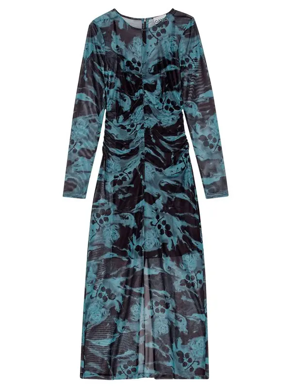 GANNI Printed Mesh O-neck Ruched Long Dress - Blue