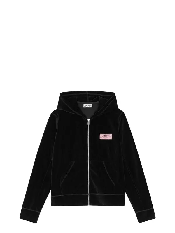 GANNI Heavy Velour Zip Up Hoodie - Black
