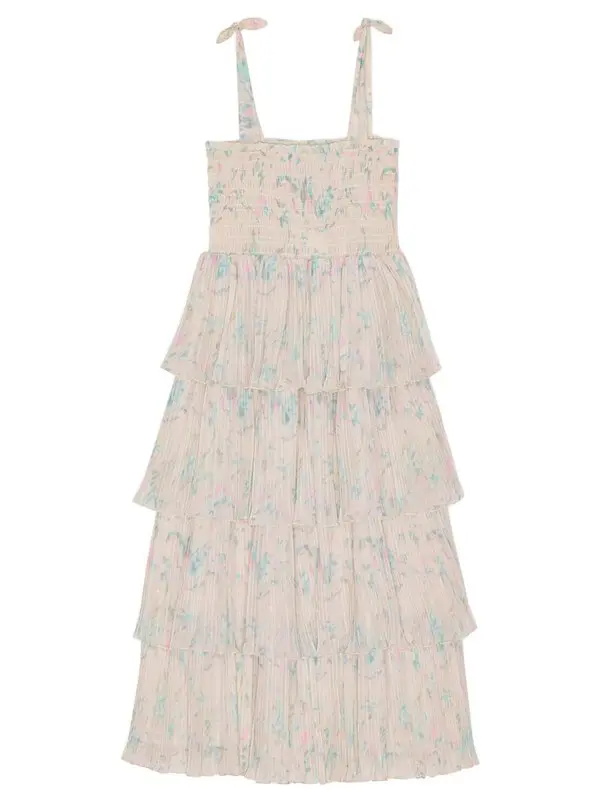 GANNI Floral Printed Pleated Georgette Strappy Tiered Midi Dress - Beige
