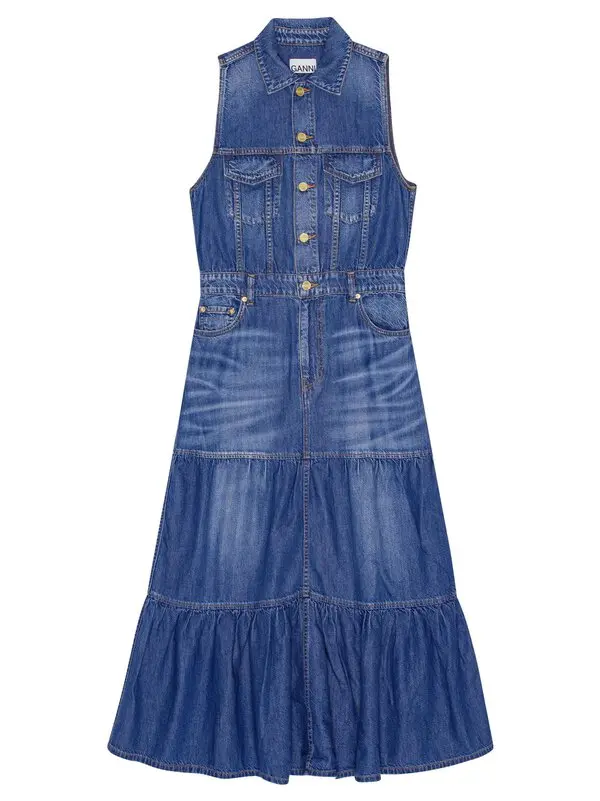 GANNI Denim Tiered Maxi Dress - Blue