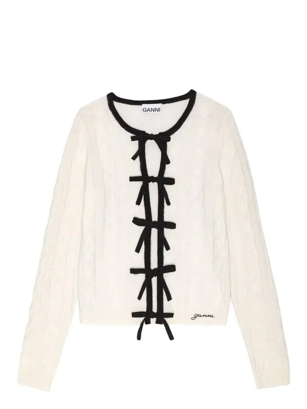 GANNI Cable Knit Cardigan With Tie Bands - White