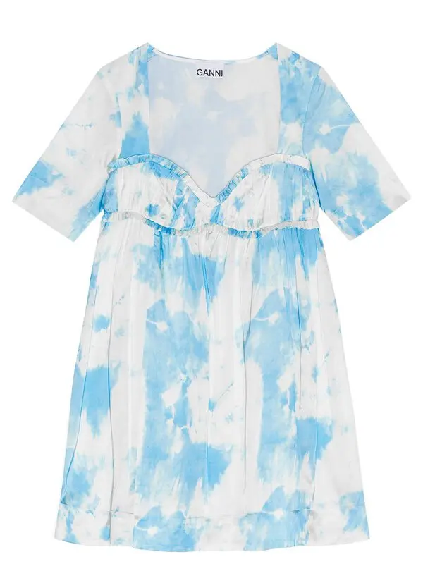 GANNI Printed Satin Short Sleeve Mini Dress - Blue