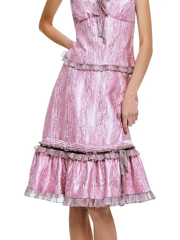 Anna Sui Crushed Satin Ruffle Midi Skirt - Peony