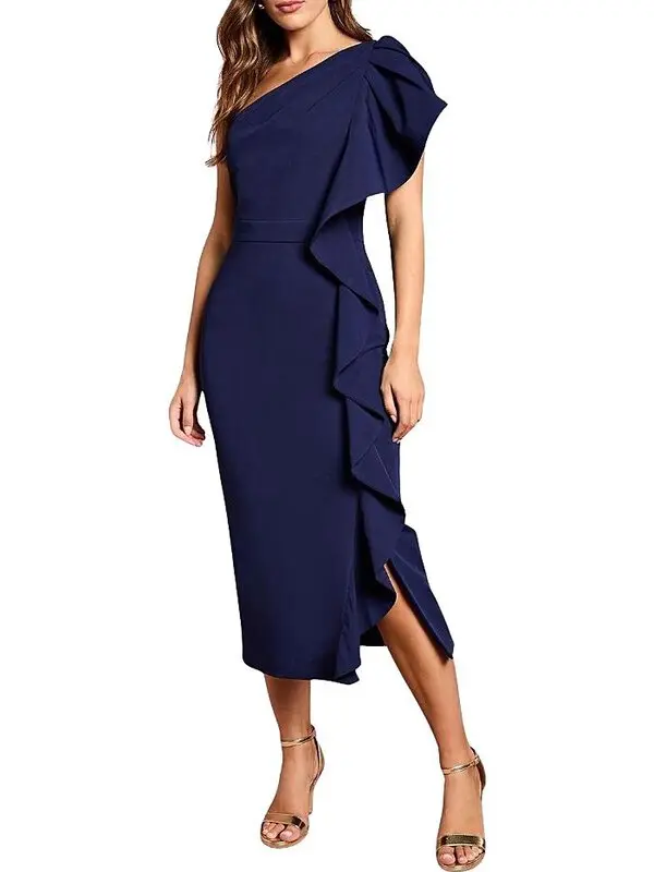 Coast One Shoulder Pencil Midi Dress - Navy