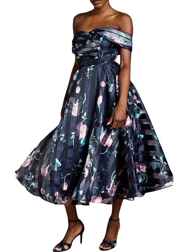 Coast Stripe Organza Pleat Midi Dress - Navy
