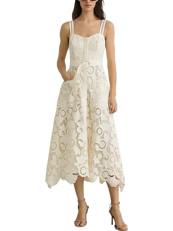 REISS Lace Midi Dress With Belt - Cream