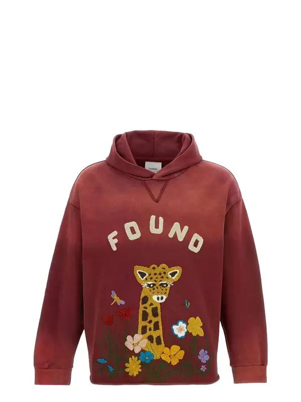 FOUND Chenille-embroidered Raw-cut Hoodie - Red