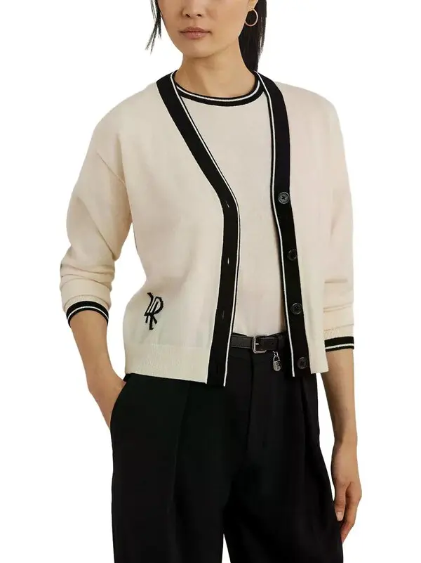 Ralph Lauren Logo-embroidered Contrast-trim Cardigan - Neutrals