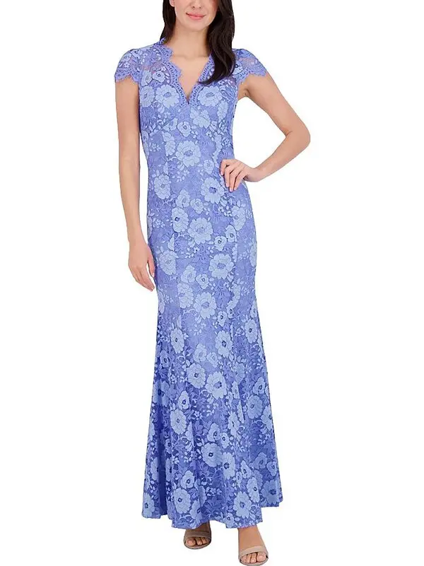 Eliza J Illusion Neck Cap Sleeve Gown - Blue