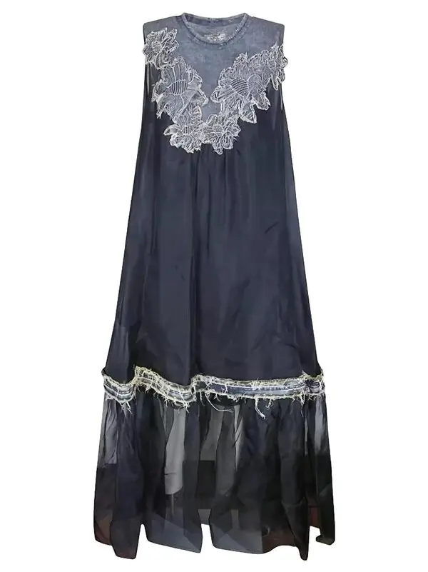 HUI MILANO Floral-appliqué Frayed-edge Midi Dress - Blue