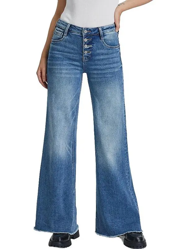 BAYEAS Mid Rise Wide Leg Button Fly Jeans With Frayed Hem - Bluelotus