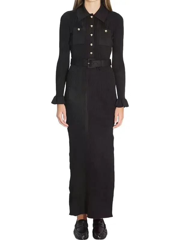 SELF-PORTRAIT Ribbed Frill Maxi Dress - Black