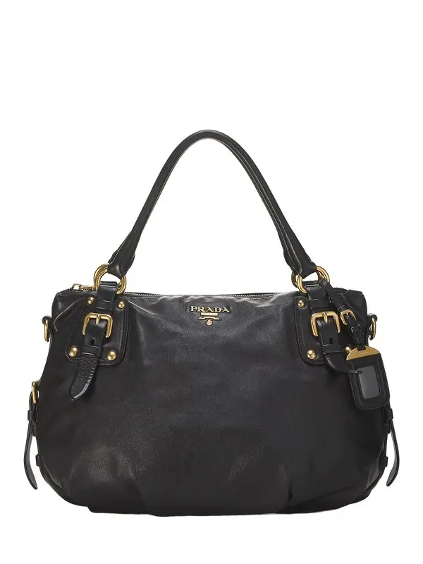 Prada Calfskin Leather Buckle Handbag - Black