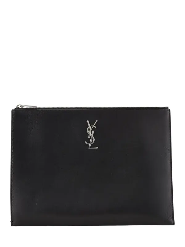 Saint Laurent Calfskin Leather Zip Pouch - Black