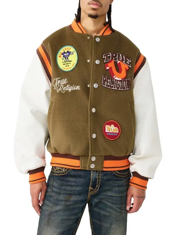 True Religion Garden Logo Varsity Jacket - Capers Green/winter White