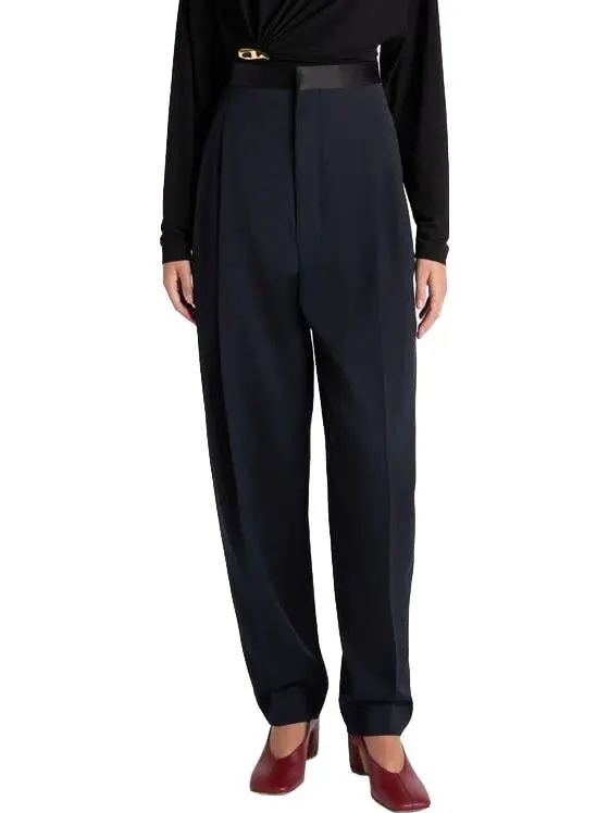 Bottega Veneta High-waist Wool Straight Leg Trousers With Satin Trim - 4071 Midnight Blue