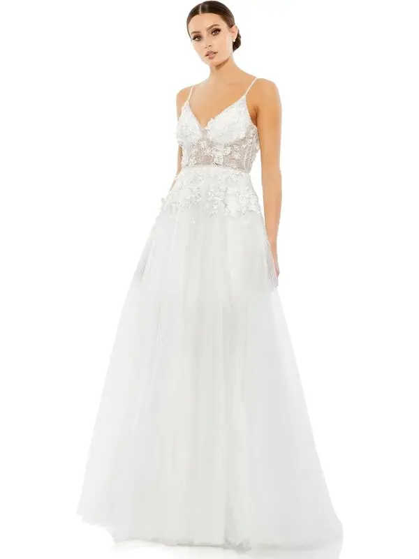 Mac Duggal Applique V-neck A-line Gown - White