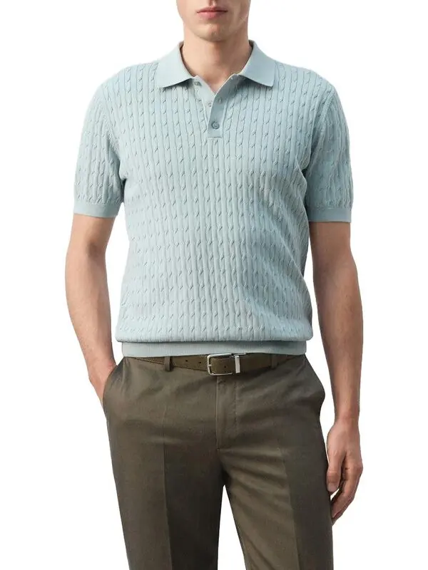 Mango Cable Stitch Polo Sweater - Aqua Green