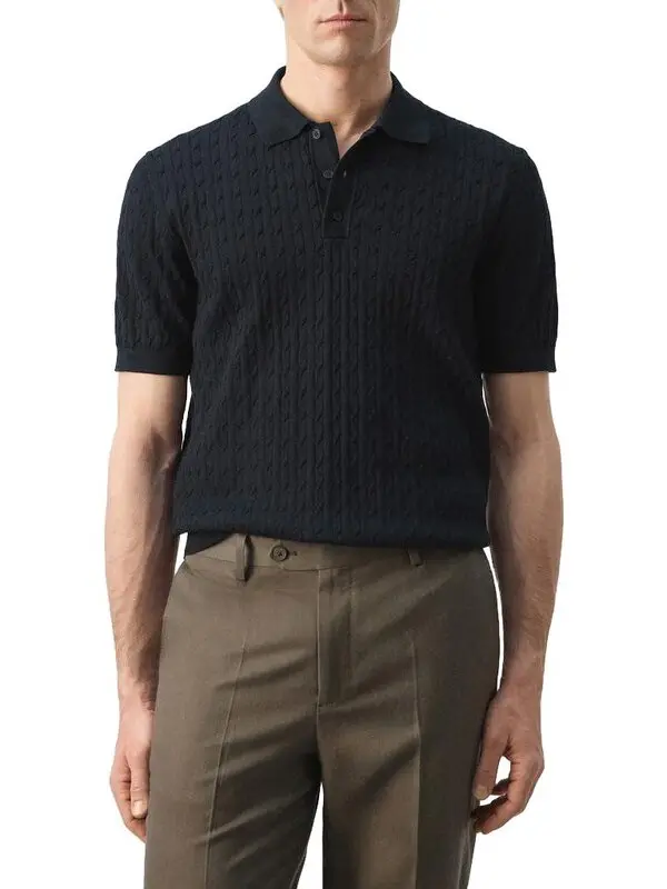 Mango Cable Stitch Polo Sweater - Night Blue