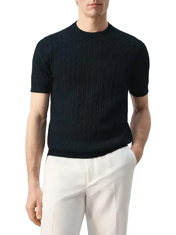 Mango Cable Stitch Short Sleeve Cotton Sweater - Night Blue